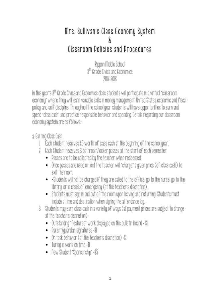 Mrs. Sullivan's Class Economy System & Classroom Policies and ...