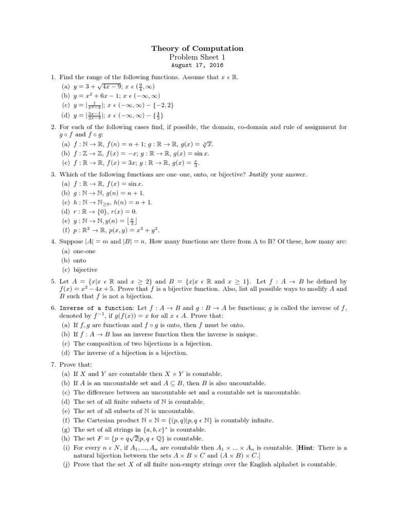 Theory of Computation Problem Sheet 1 | PDF | Function (Mathematics ...