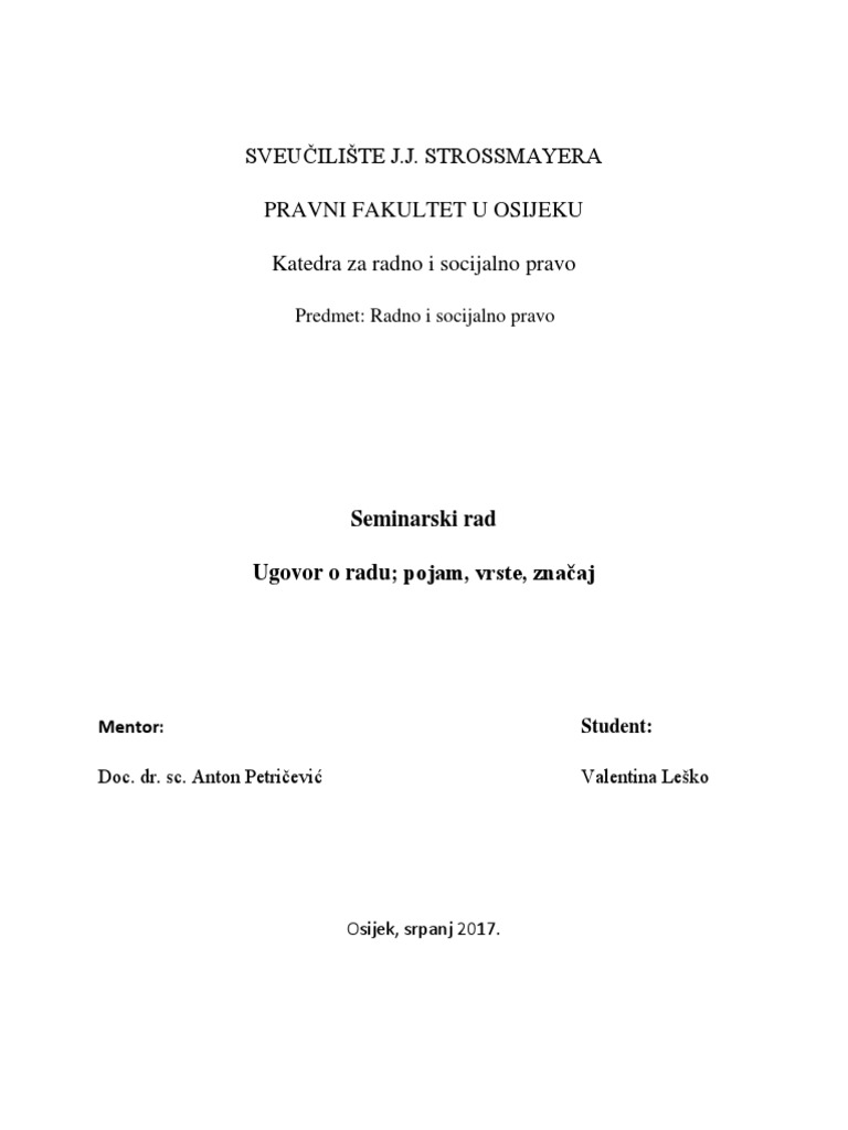 Ugovor o Radu - Seminar | PDF