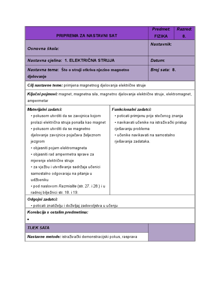 Predmet: Razred:: Priprema Za Nastavni Sat Fizika 8 | PDF