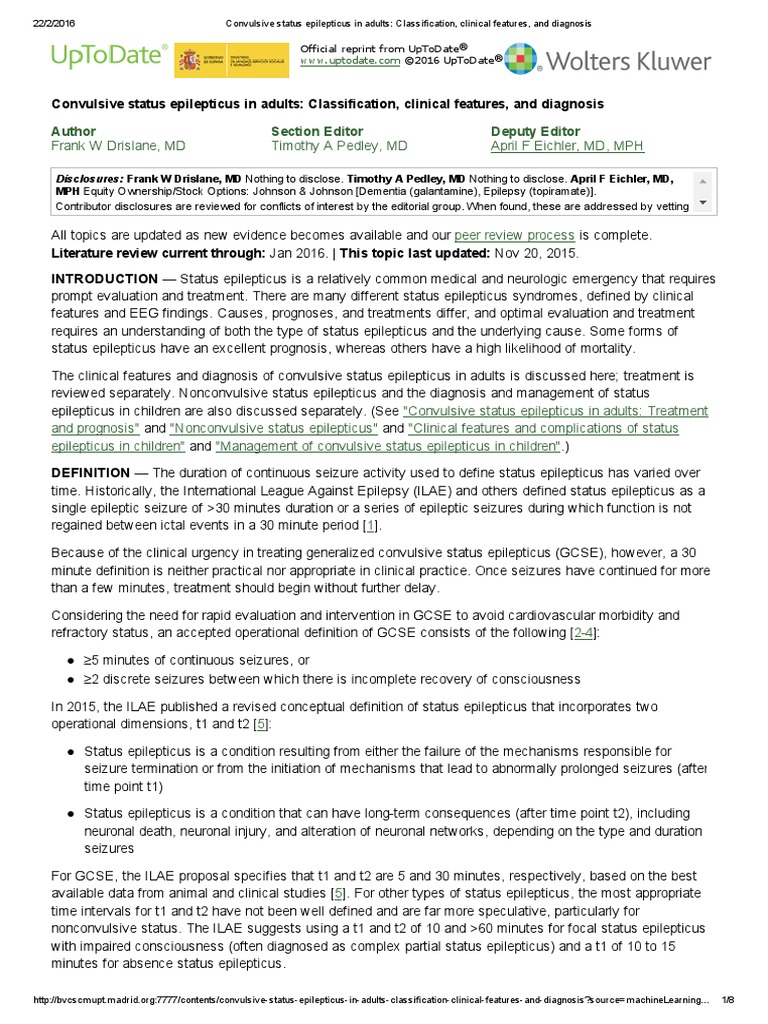 Convulsive Status Epilepticus in Adults - Classification, Clinical ...