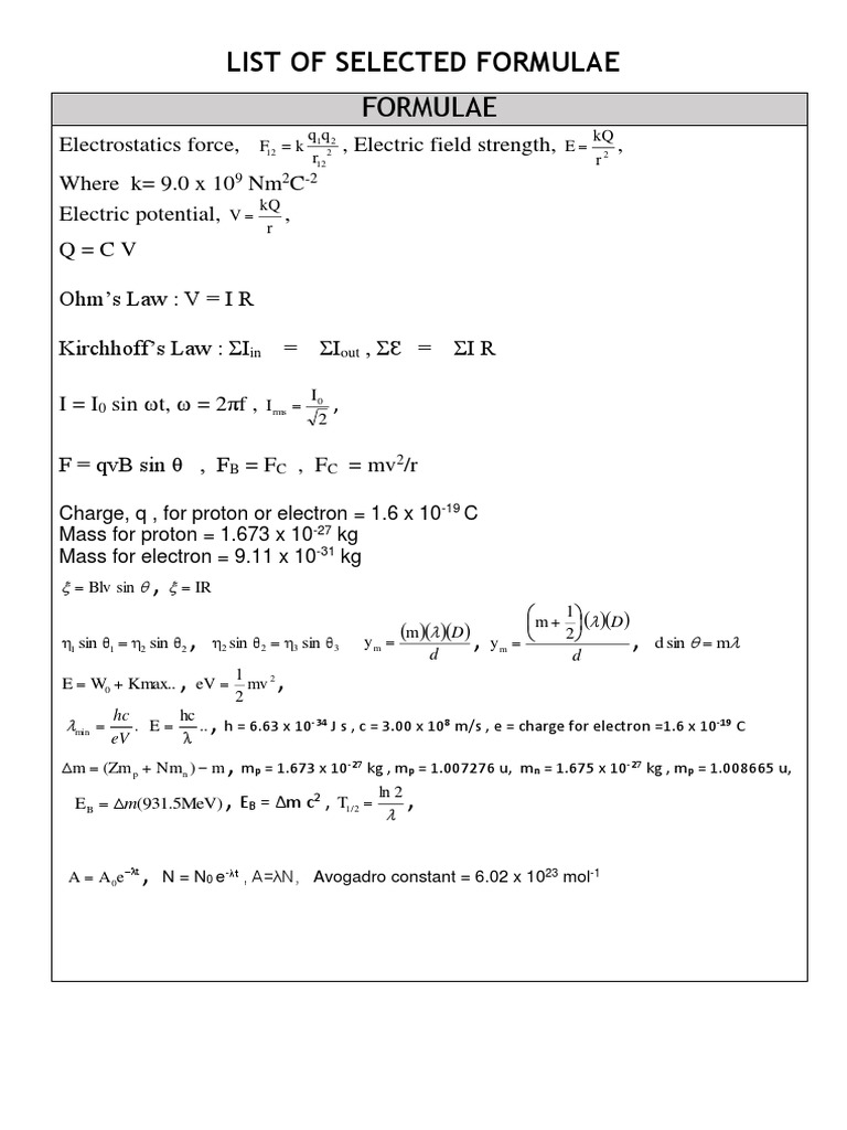 List of Selected Formulae | PDF