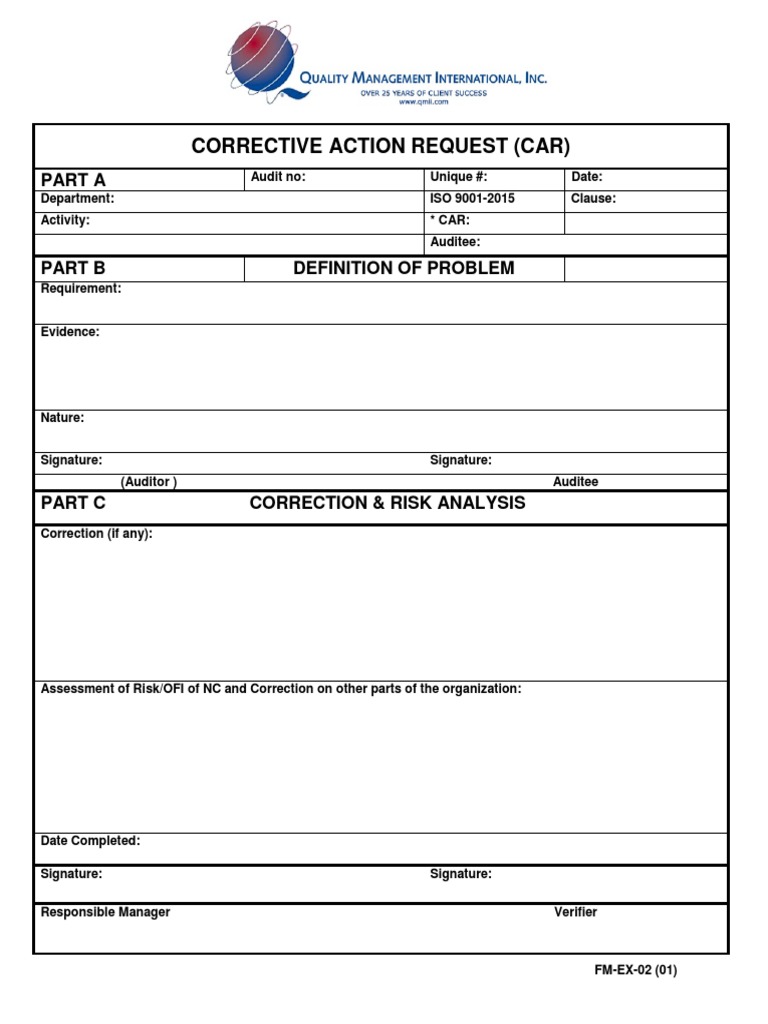 Corrective Action Request (CAR) Template | PDF