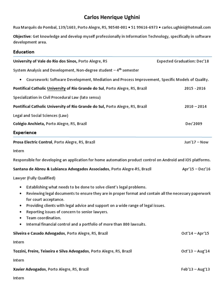 Resume - Carlos Henrique Ughini - 2017 | PDF | Brazil | Software Engineering