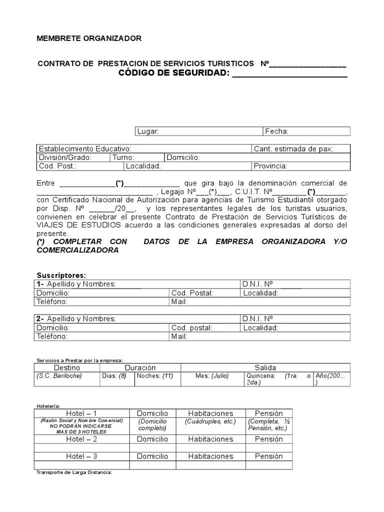 Modelo Contrato Organizador Viajes de Estudios | PDF | Turismo | Pagos
