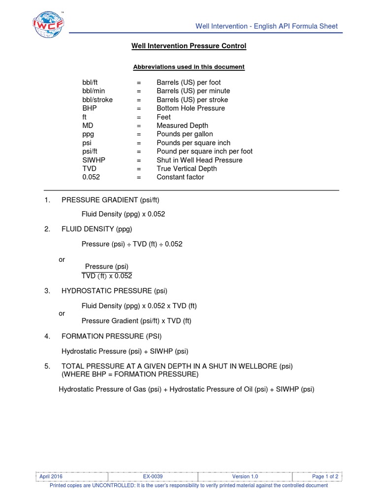 Well Intervention Pressure Control Formulas | PDF