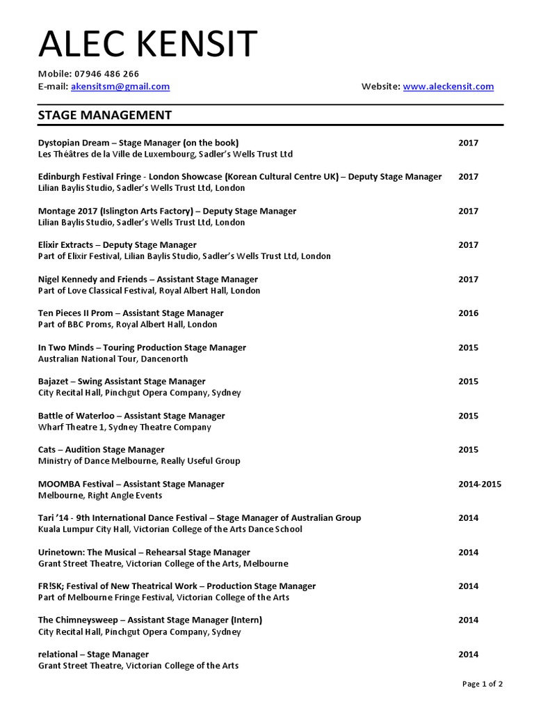 Alec Kensit CV - Web - Update 11 08 2017 | PDF | Theatre | Melbourne
