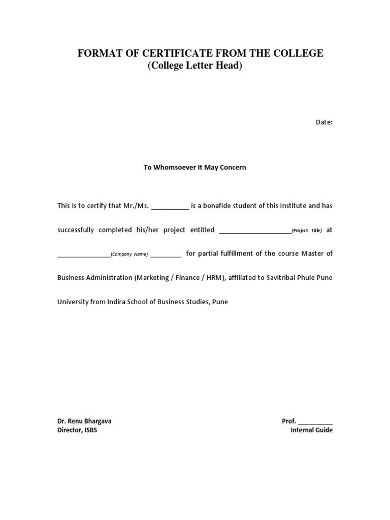 Format of Certificate From The College (College Letter Head) | PDF