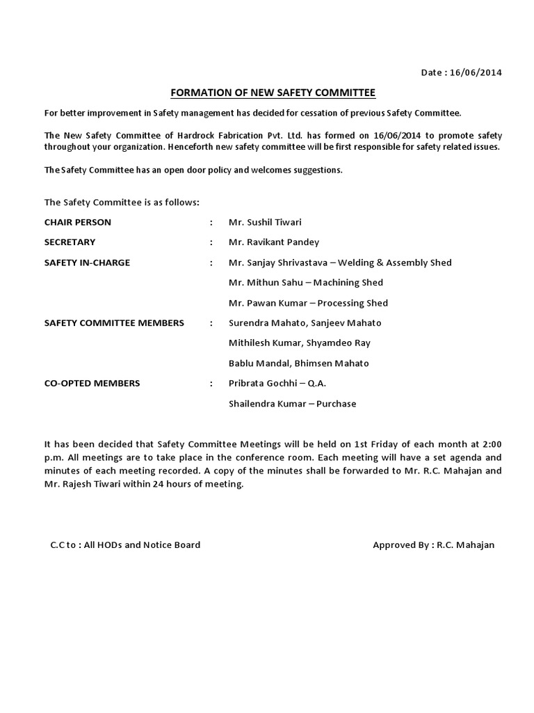 Formation of SAFETY Committee