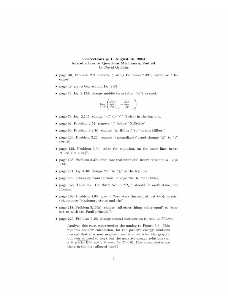 Errata Introduction To Quantum Mechanics, David Griffiths, 2nd Ed ...