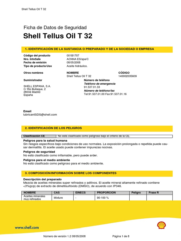 ES MSDS Shell Tellus T 32 8pag | PDF | Toxicología | Toxicidad
