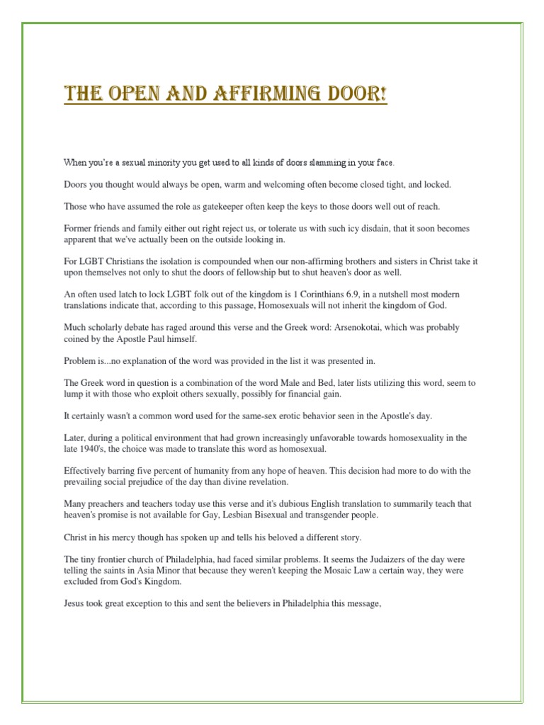 The Open and Affirming Door | PDF | Eternal Life (Christianity ...