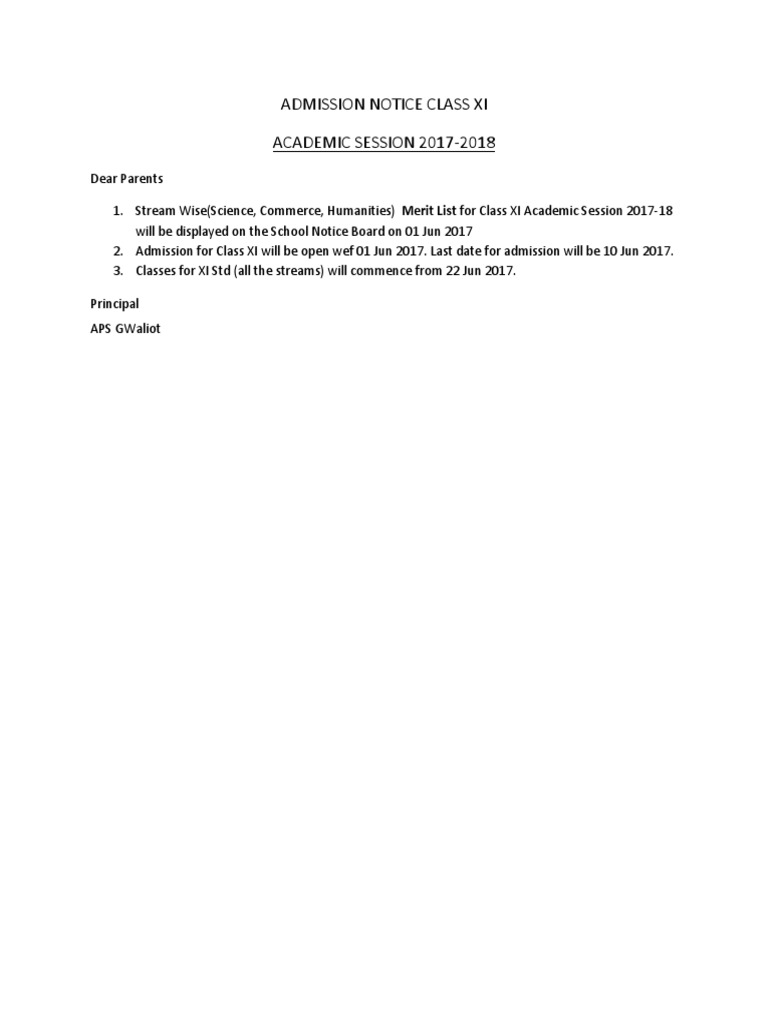 Admission Notice Class Xi ACADEMIC SESSION 2017-2018 | PDF