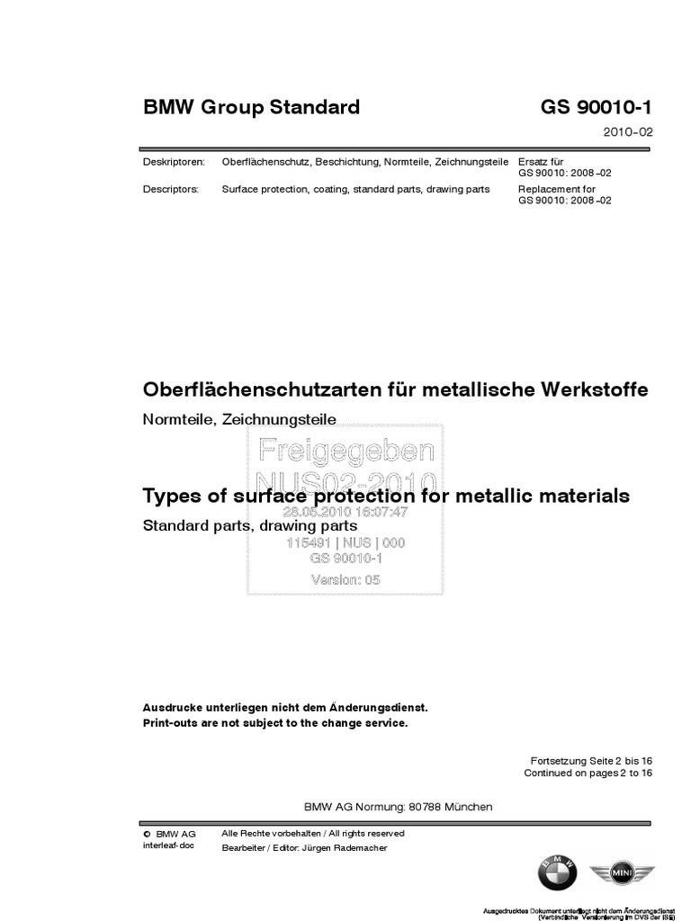 BMW Group Standard GS 90010-1 Oberflächenschutzarten Für ... | PDF