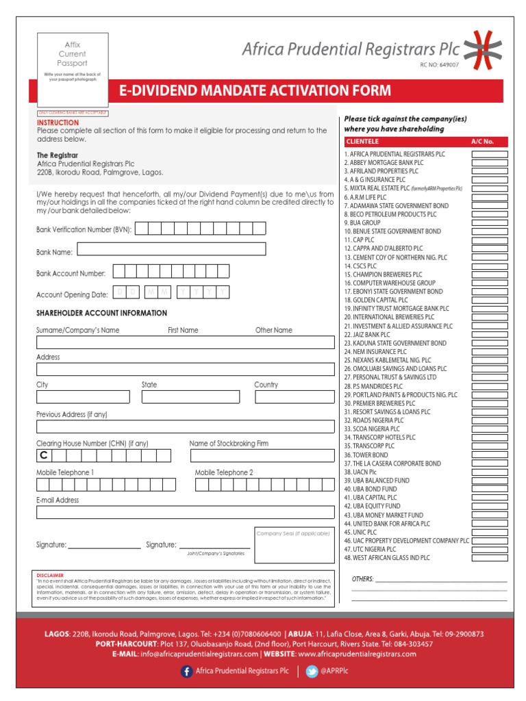 Africa-Prudential-Registrars_e-DIVIDEND-MANDATE-FORM.pdf | Dividend | Investing