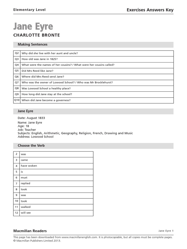Jane Eyre Exercises Answer Key PDF | PDF | Jane Eyre | Novels