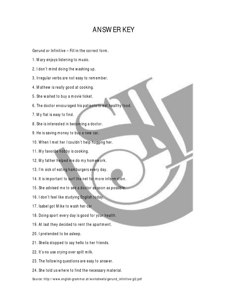 Gerund or Infinitive - Fill in the Correct Form: Answer Key for 50 ...