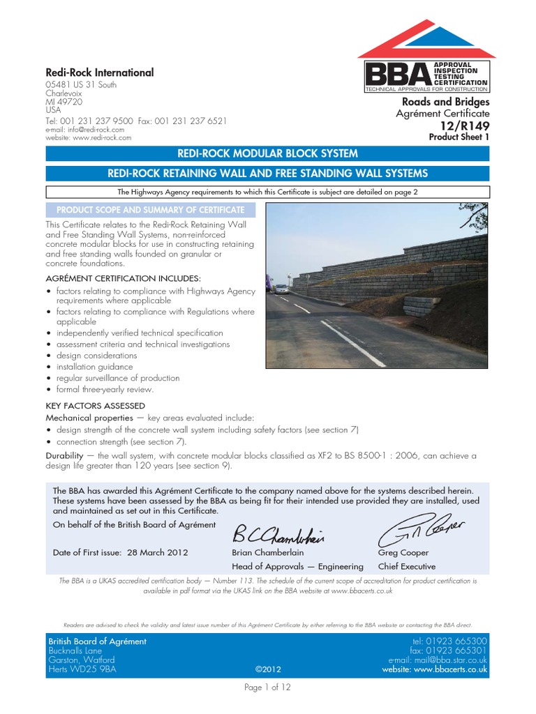 BBA Cert 12-R149 For Redi-Rock Modular Block System (March 2012) | PDF ...