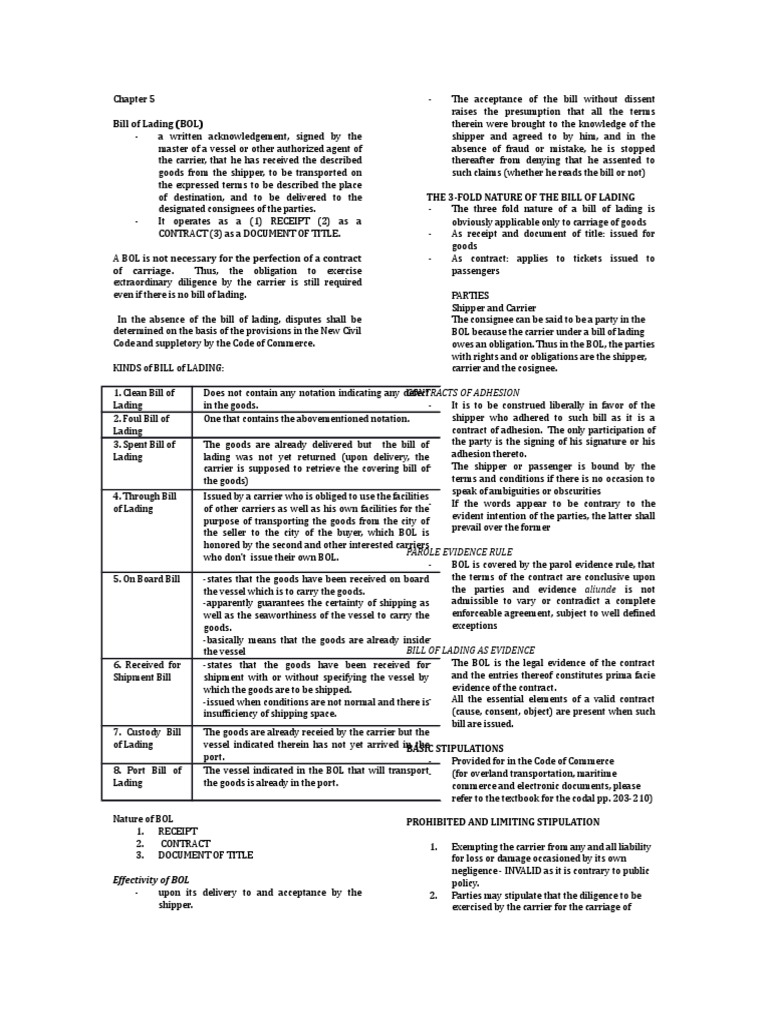 Understanding the Nature and Effects of Bills of Lading (BOL | PDF ...