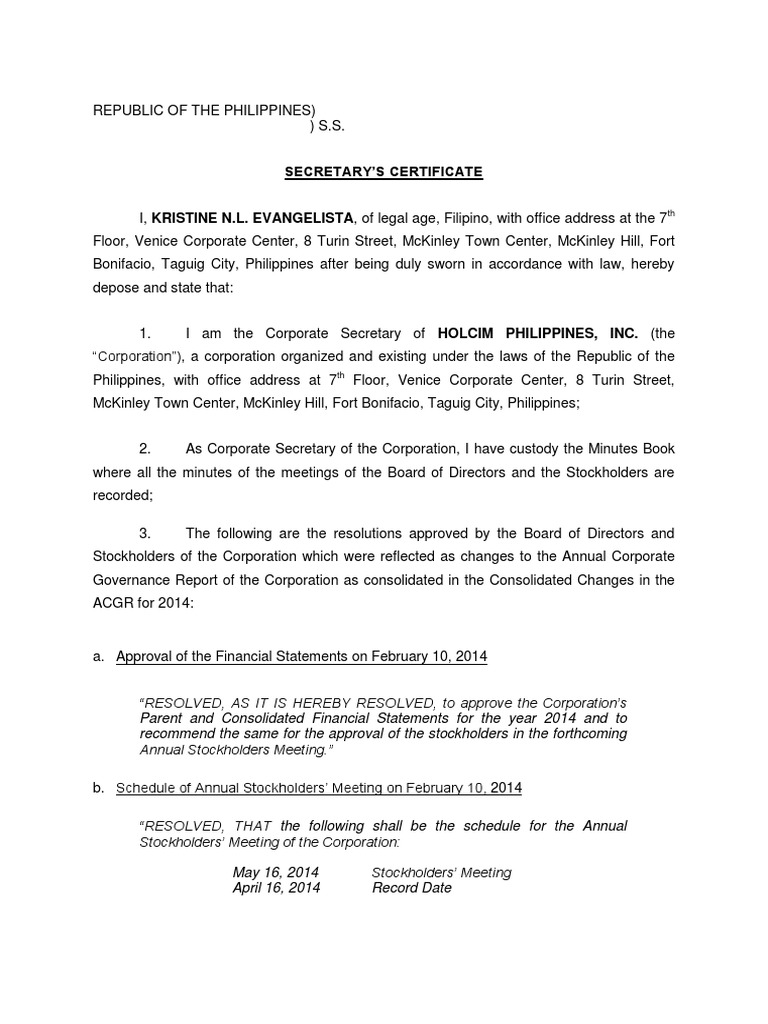 Secretary's Certificate | Board Of Directors | Internal Audit