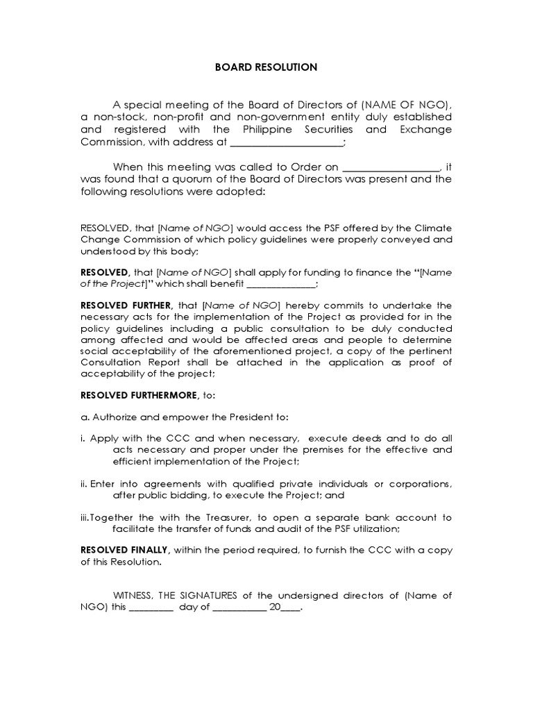 Board Resolution Template NGO | PDF | Board Of Directors | Non ...