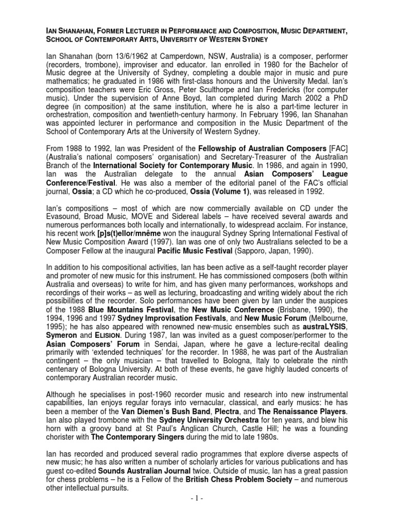 Ian Shanahan - Brief Biography | PDF | Composers | Sound