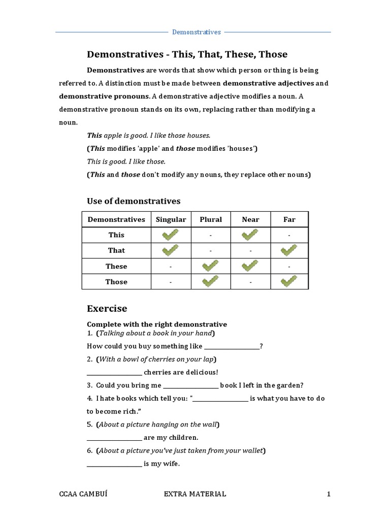 Demonstrative Pronouns and Adjectives Worksheet | PDF