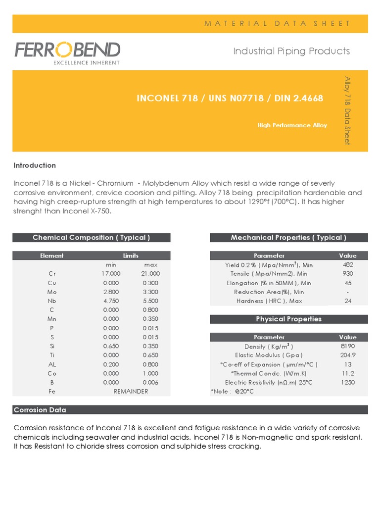Inconel 718 Alloy 718 Uns n07718 Din 2.4668 | PDF | Corrosion | Molybdenum