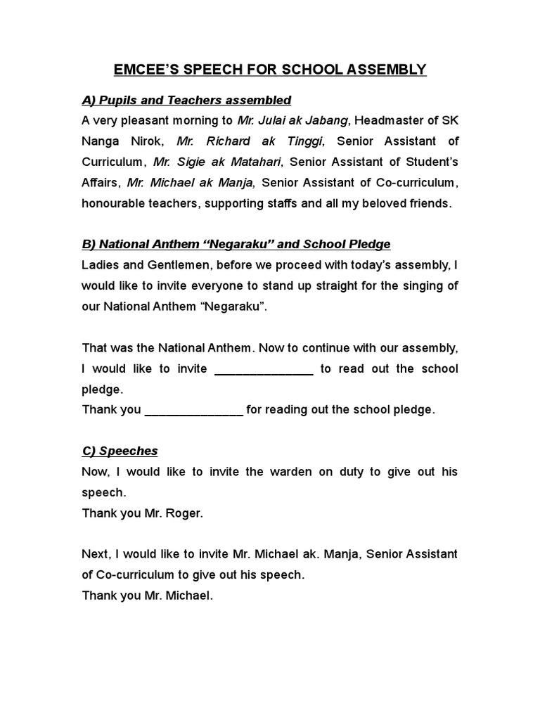 Emcee's Speech For School Assembly | PDF
