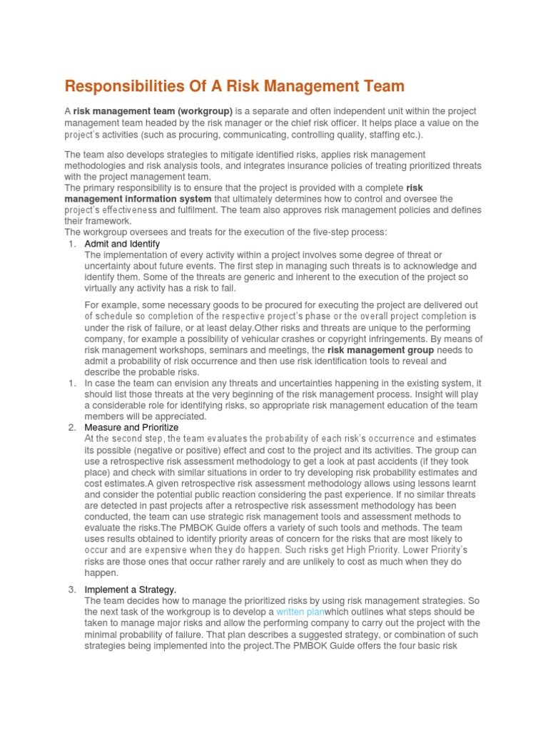Responsibilities of A Risk Management Team | PDF | Risk Management | Risk