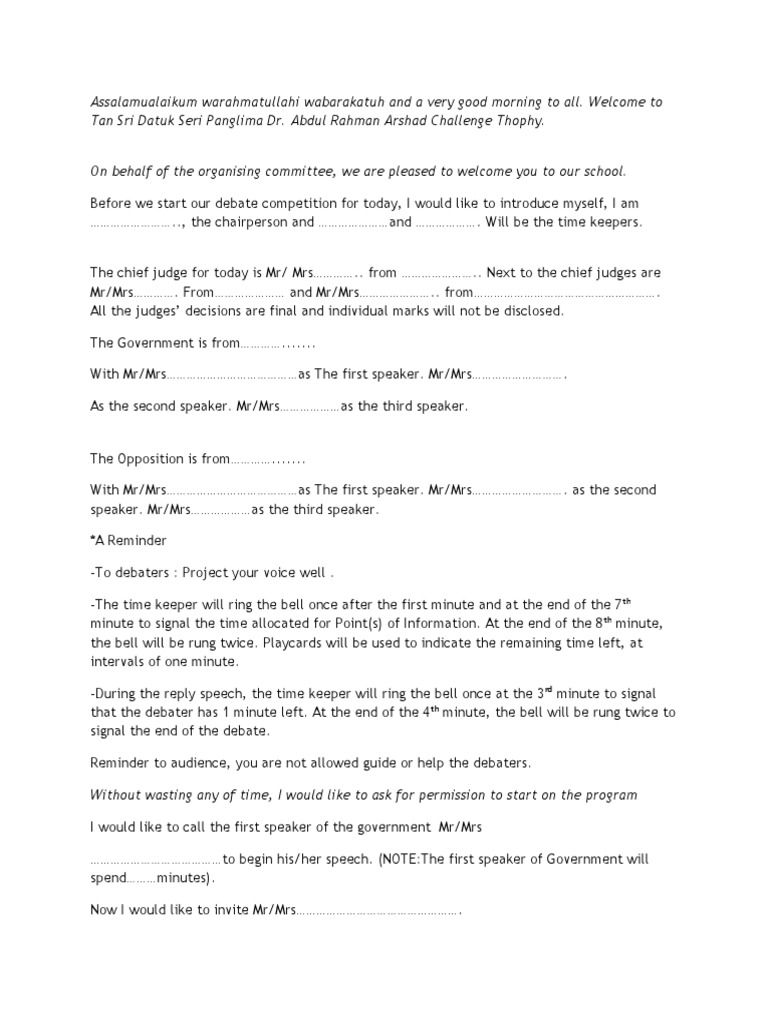 Chairperson/MC Debate Script | Public Sphere | Politics