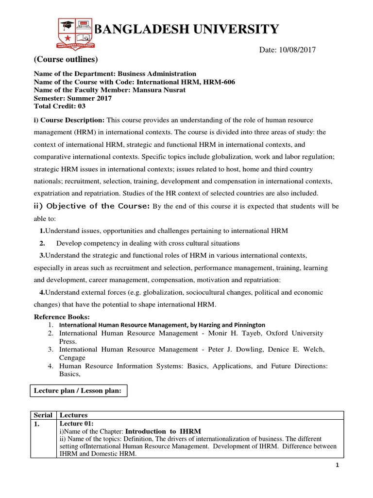 Intl. HRM MBA Lesson Plan | PDF | Human Resource Management | Employment
