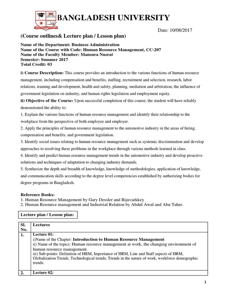 HRM Lesson Plan | PDF | Human Resource Management | Performance Appraisal HRM Lesson Plan | PDF | Human Resource Management | Performance Appraisal
