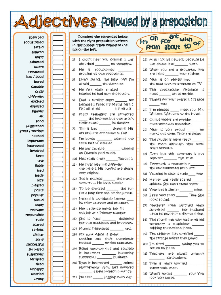 Adjectives with Prepositions Worksheet | PDF | Leisure