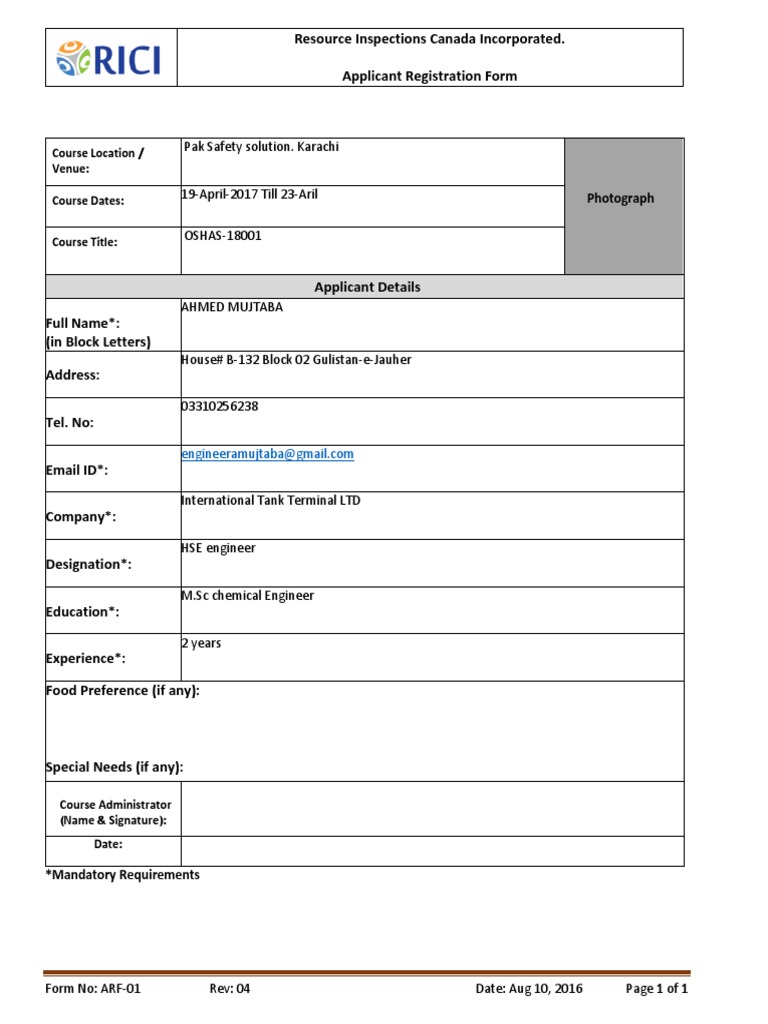 ARF-01 Applicant Registration Form | PDF