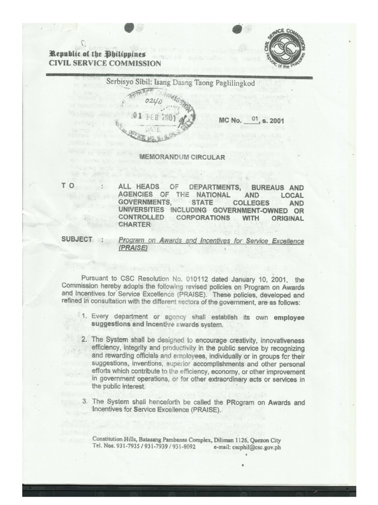 CSC MC No. 1, S. 2001 PDF | PDF