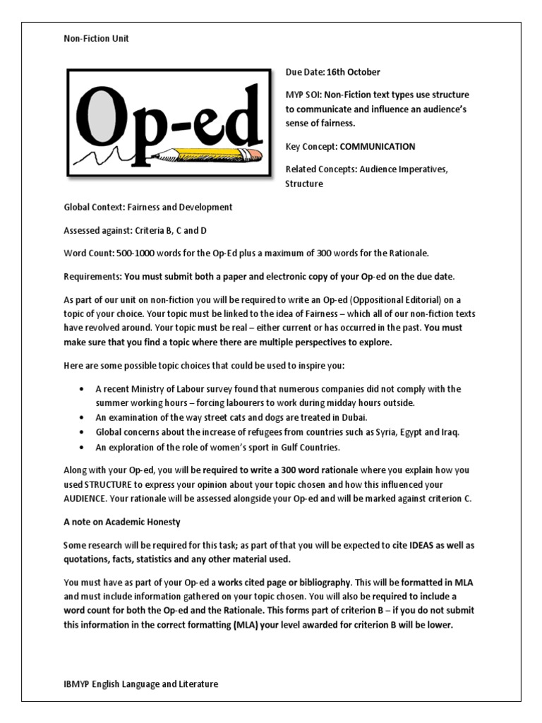Op-Ed Task Sheet and Rubric 2014 | PDF | Communication | Syntax