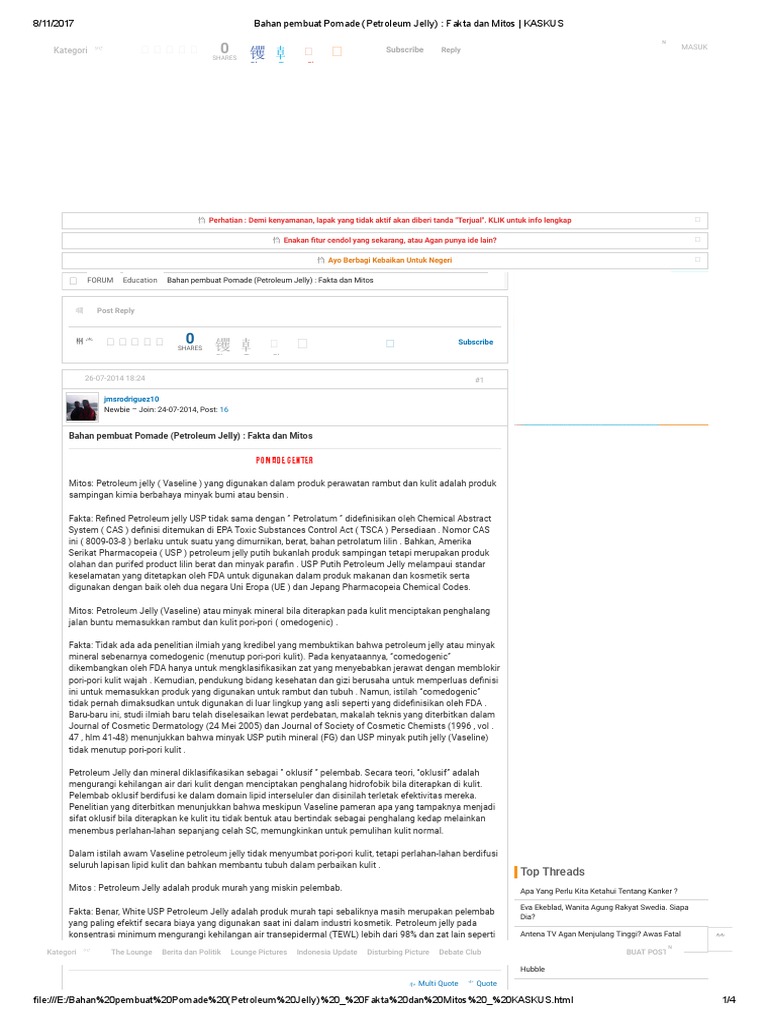 Bahan Pembuat Pomade (Petroleum Jelly) - Fakta Dan Mitos - KASKUS | PDF
