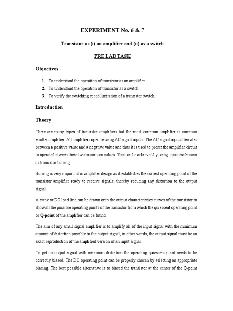 Experiment No. 6 & 7: Transistor As (I) An Amplifier and (Ii) As A ...