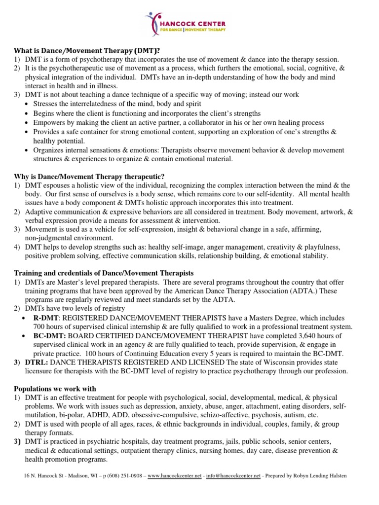 2012 Dance Movement Therapy Social Work Handouts | PDF | Psychotherapy ...