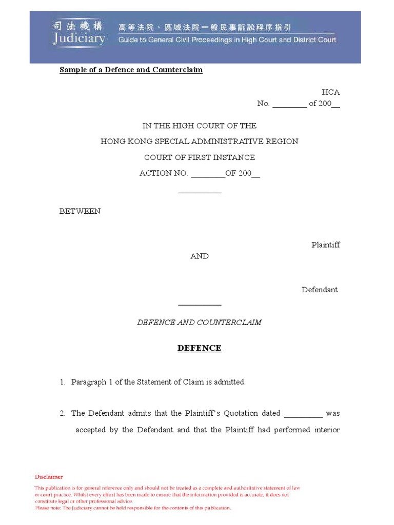 5 Sample of A Defence and Counterclaim Clean 19032009 | PDF | Law