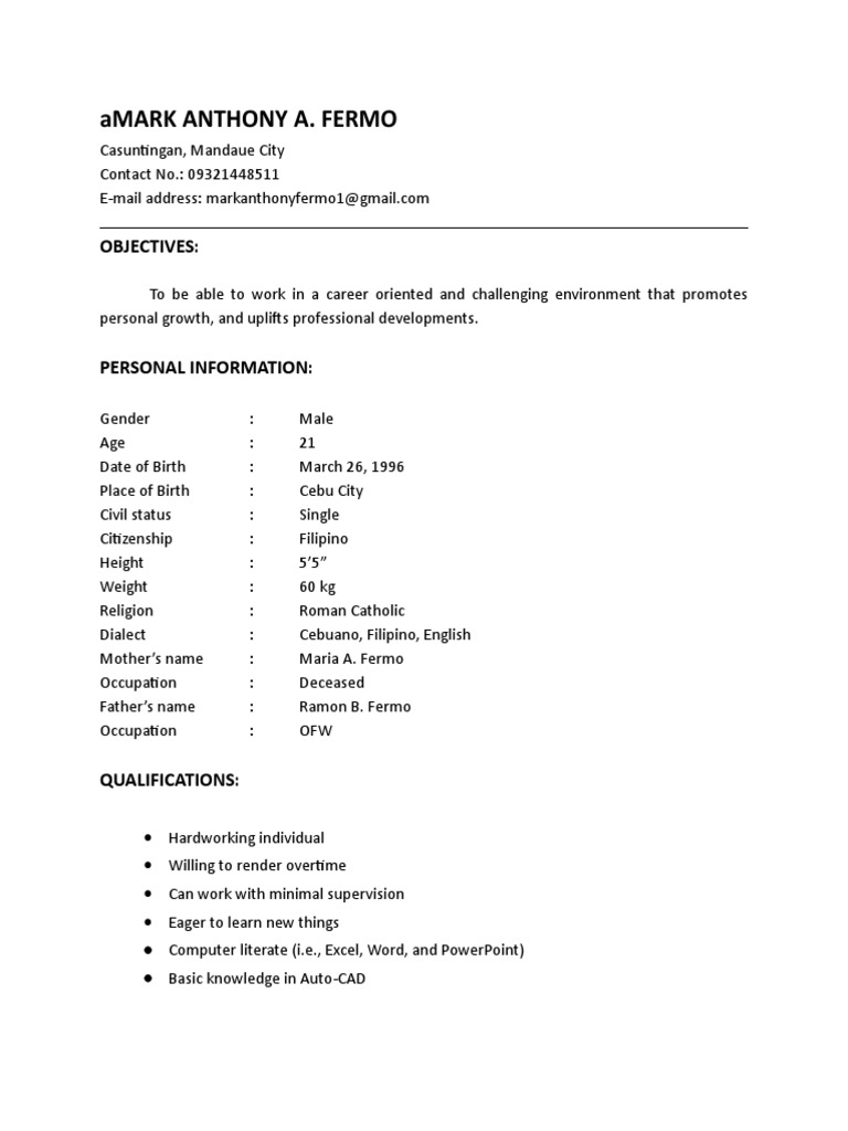 Amark Anthony A. Fermo: Objectives | PDF