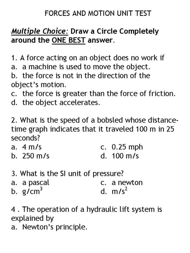 Forces and Motion Unit Test Questions | PDF | Force | Acceleration