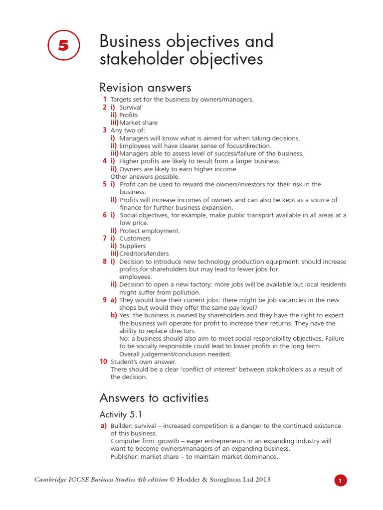 IGCSE Business 5 Answer | PDF | Profit (Accounting) | Stakeholder ...