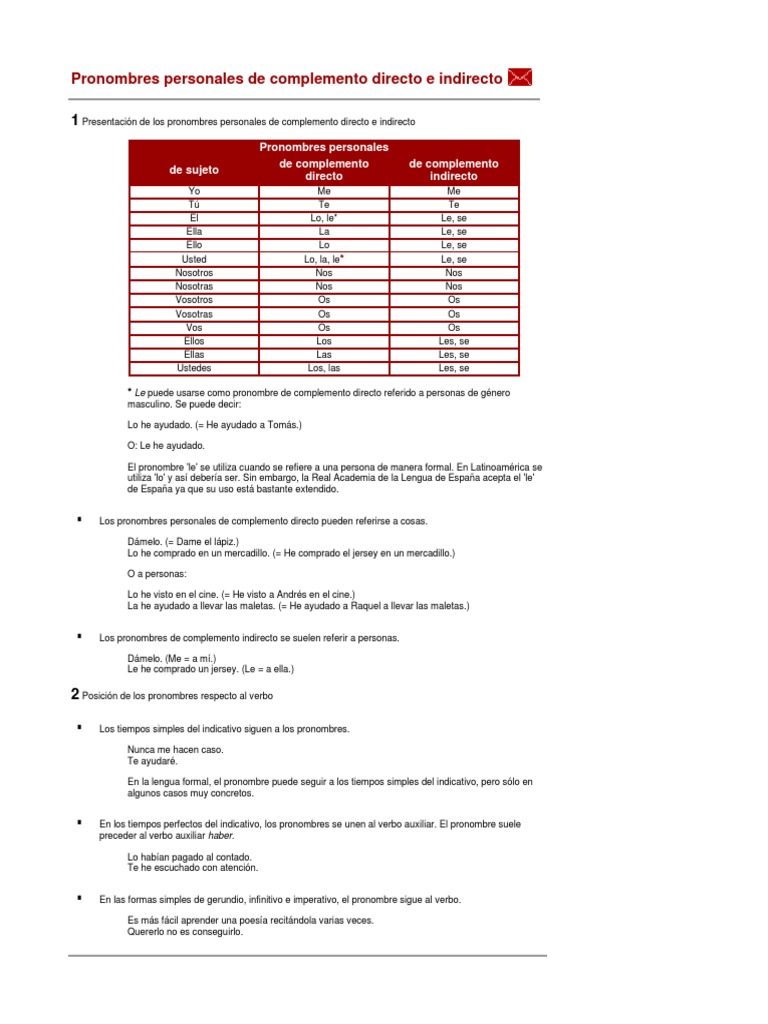 Pronombres Personales de Complemento Directo e Indirecto | PDF | Objeto (gramática) | Verbo