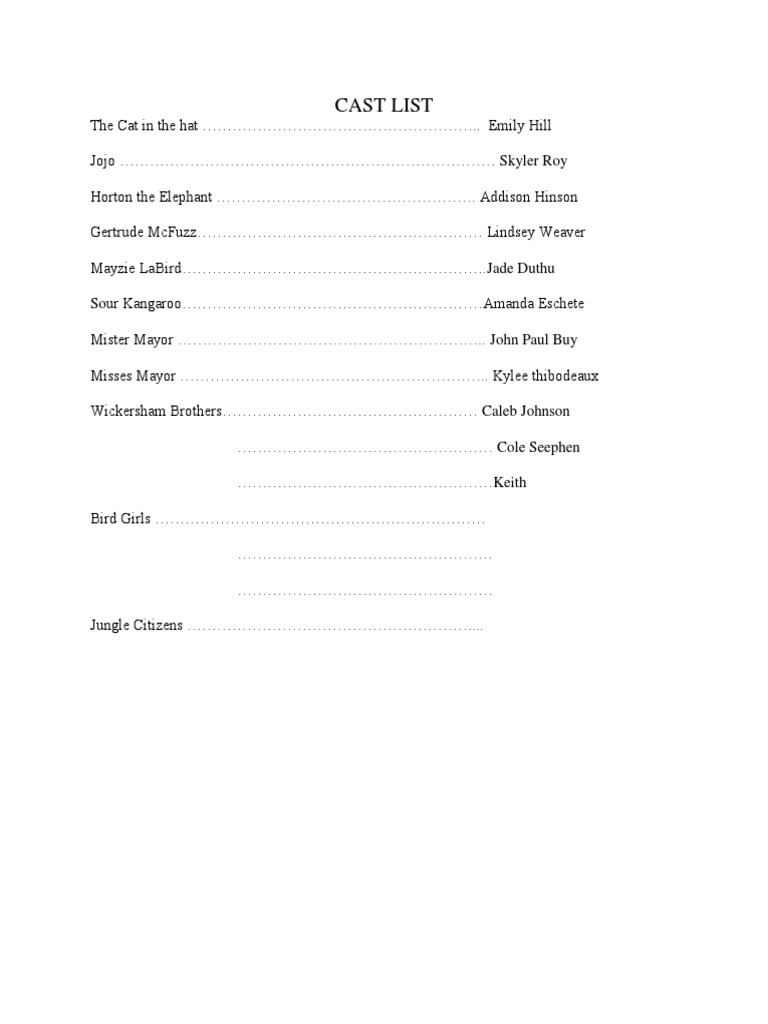 "Seussical Cast List Overview" | PDF