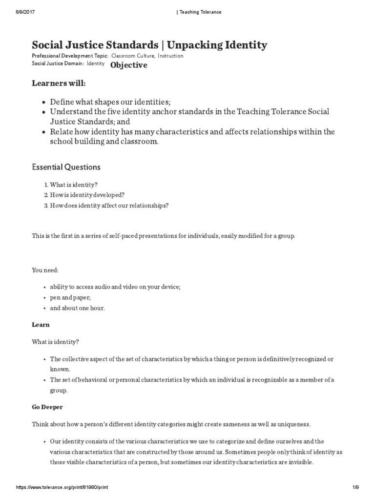 Social Justice Standards - Unpacking Identity | Download Free PDF ...