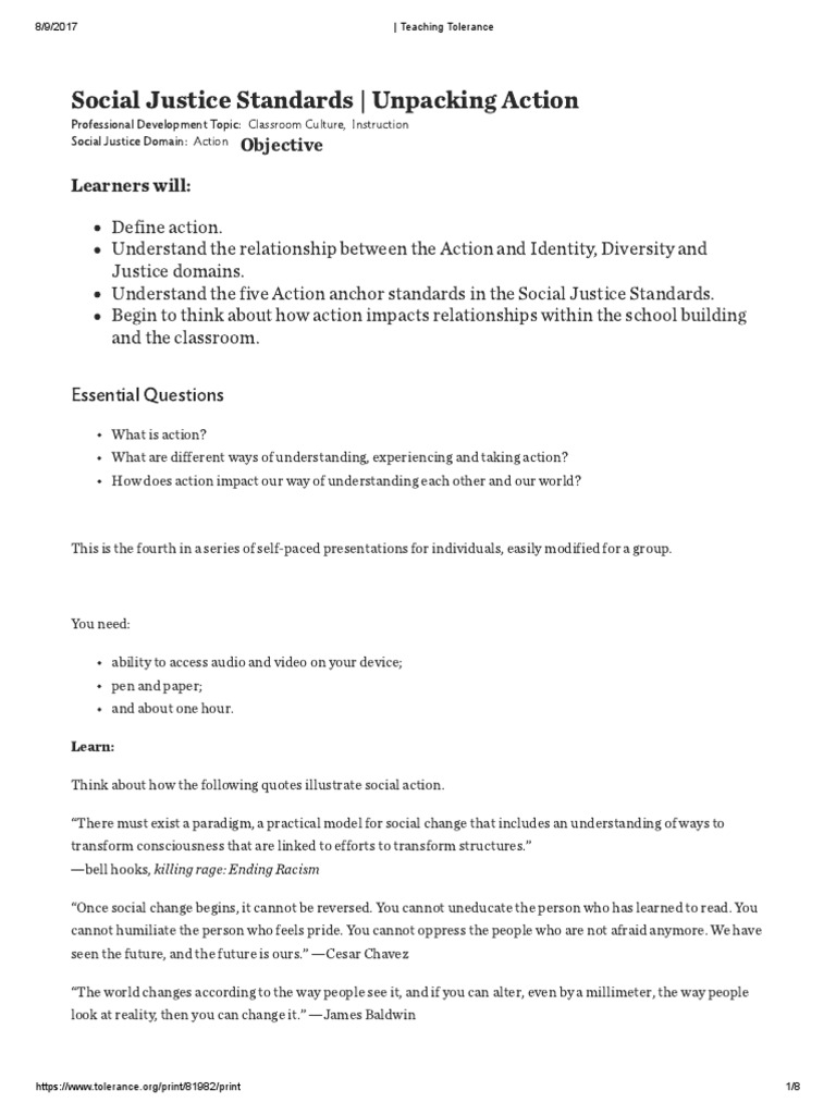 Social Justice Standards - Unpacking Action | PDF | Community | Goal