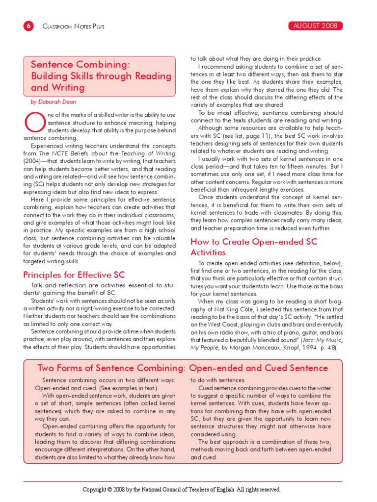 Sentence Combining: Building Skills Through Reading and Writing | PDF ...