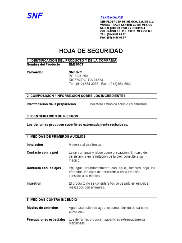 Flopam Em240ct (MSDS) | PDF | Agua | Materiales